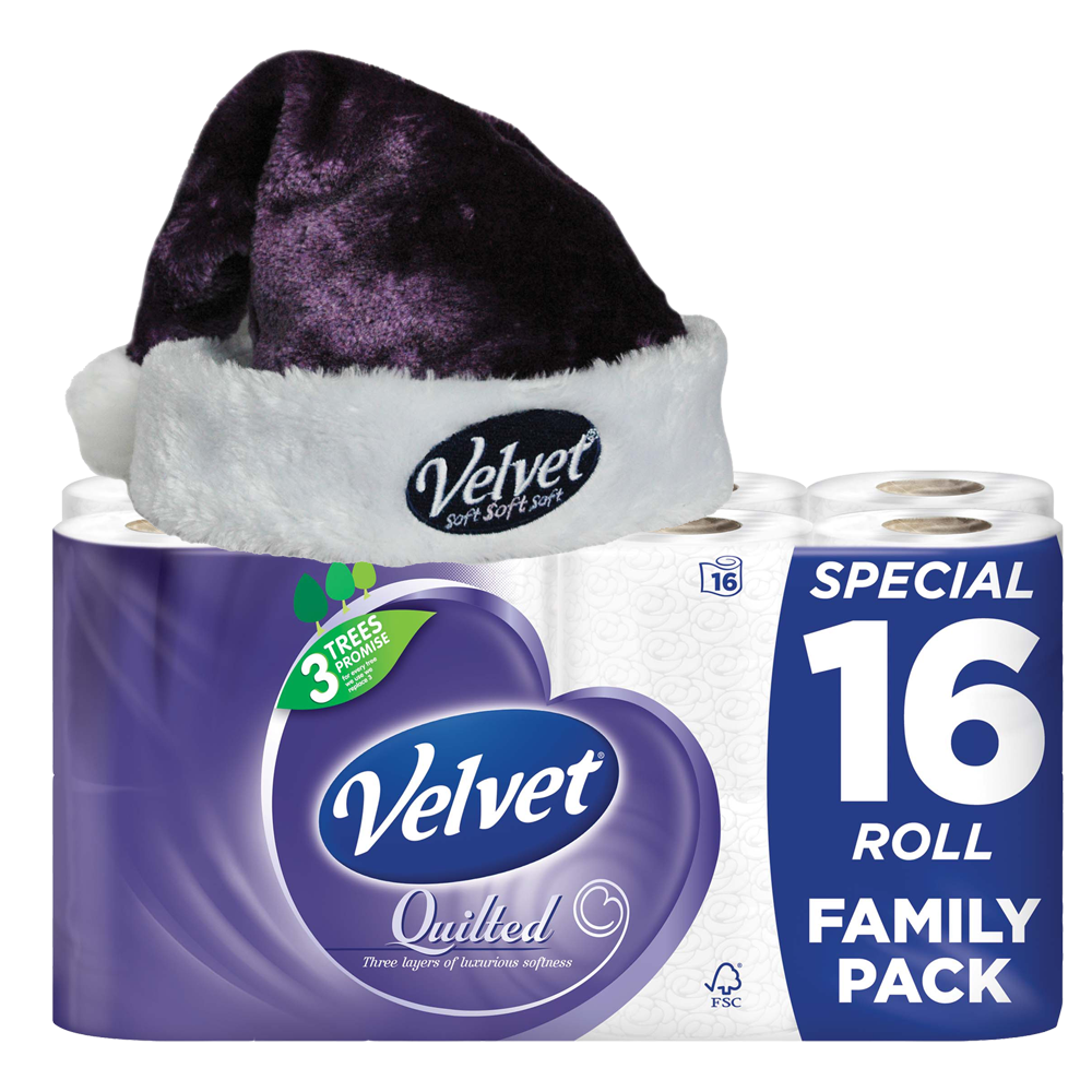 Velvet Quilted Toilet Tissue 16 Roll + Free Santa Hat - Centra